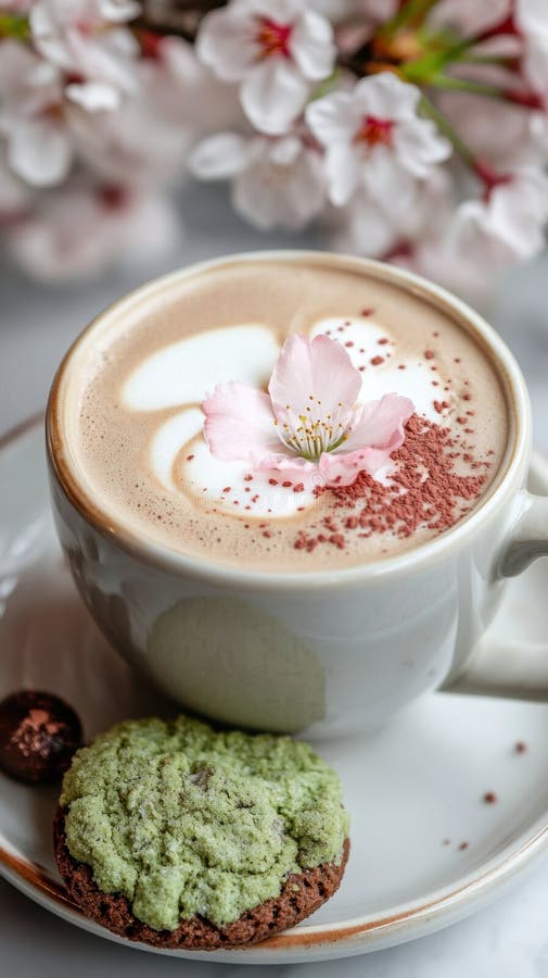 Cherry Blossom Latte with Matcha Cookie on Saucer Stock Illustration ...