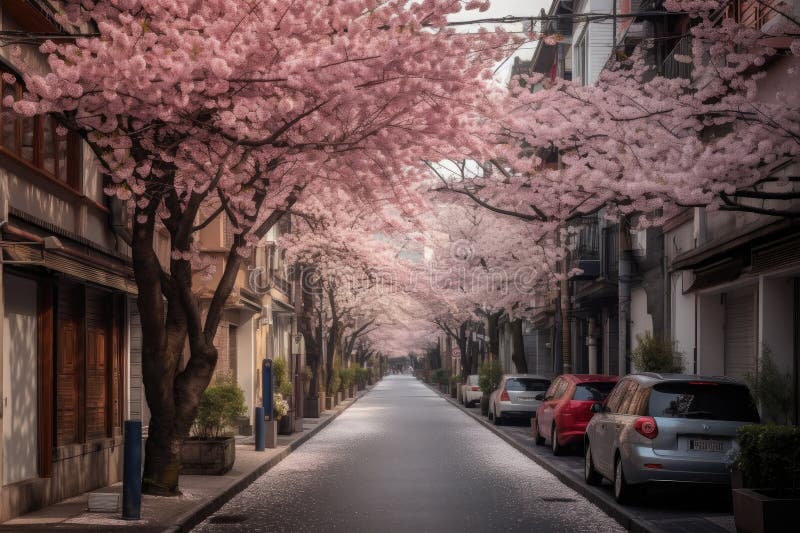 Cherry Blossom-lined Street, with View of Bustling City Stock ...