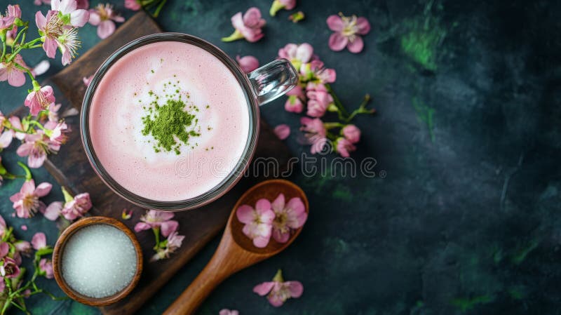 Cherry Blossom Matcha Latte with Pink Petals on Dark Green Surface ...