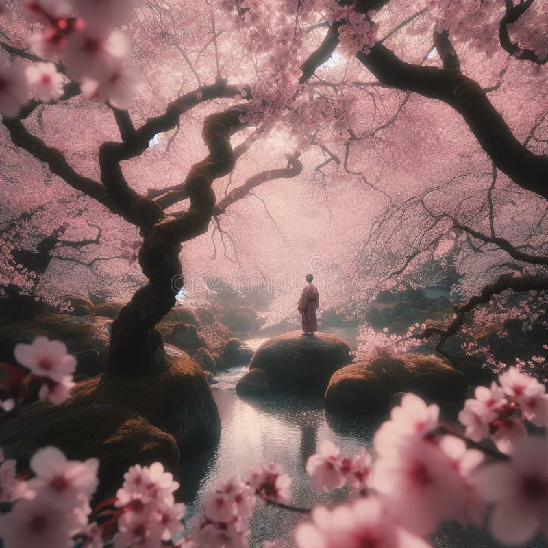 Cherry Blossom and Monk in Zen Garden Stock Photo - Image of plant ...