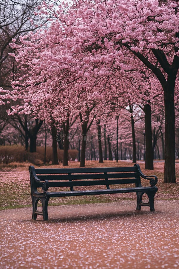 Cherry Blossom Park with a Bench Surrounded by Blooming Trees in ...