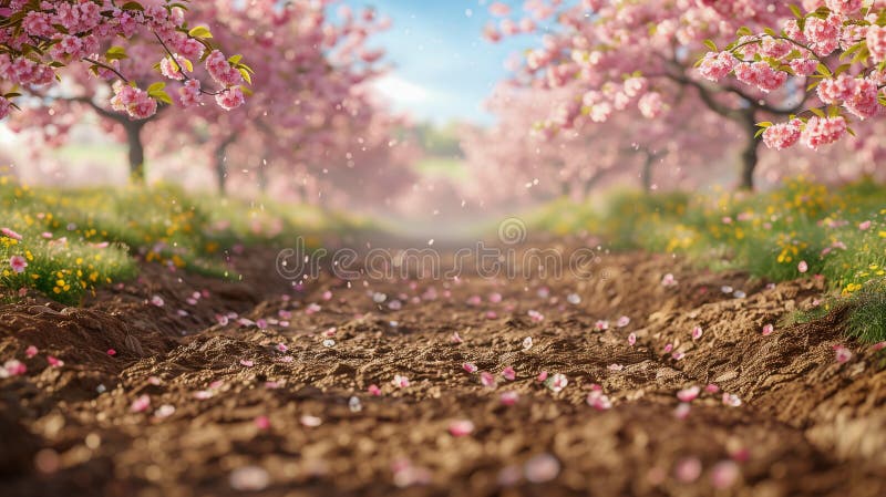Cherry Blossom Pathway with Falling Petals in Spring Stock Illustration ...