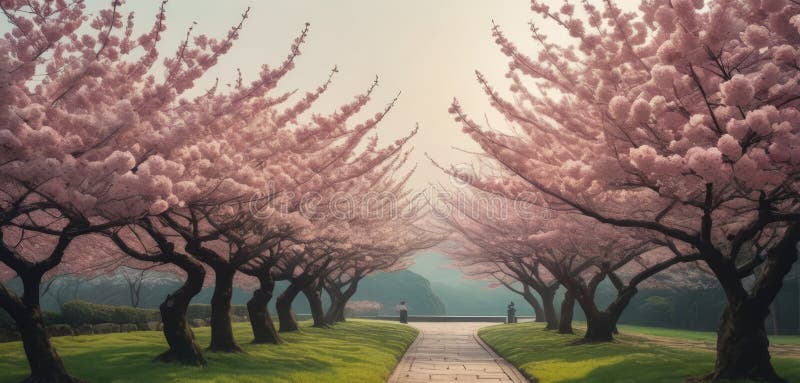 Cherry Blossom Pathway with Figures Stock Image - Image of walk ...