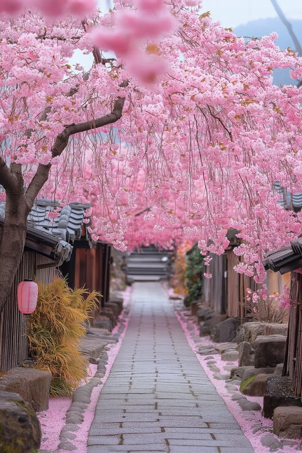 Cherry Blossom Pathway Lined with Traditional Homes in Springtime Stock ...