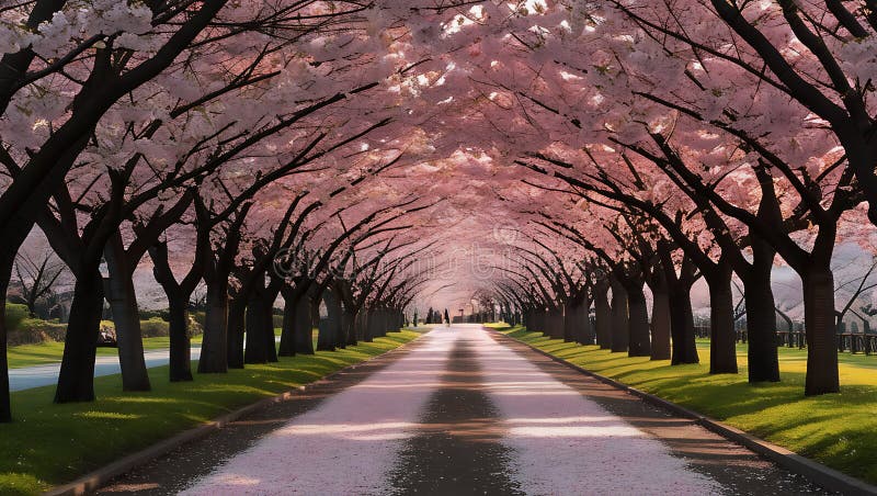 Cherry Blossom Pathway: a Romantic Stroll Under Pink Blooms. Stock ...