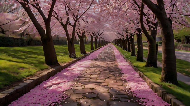 Cherry Blossom Pathway: a Romantic Stroll Under Pink Blooms. Stock ...