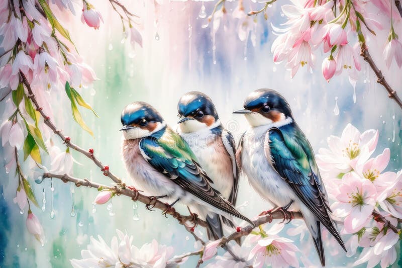 Cherry Blossom Pattern with Swallow Stock Illustration - Illustration ...