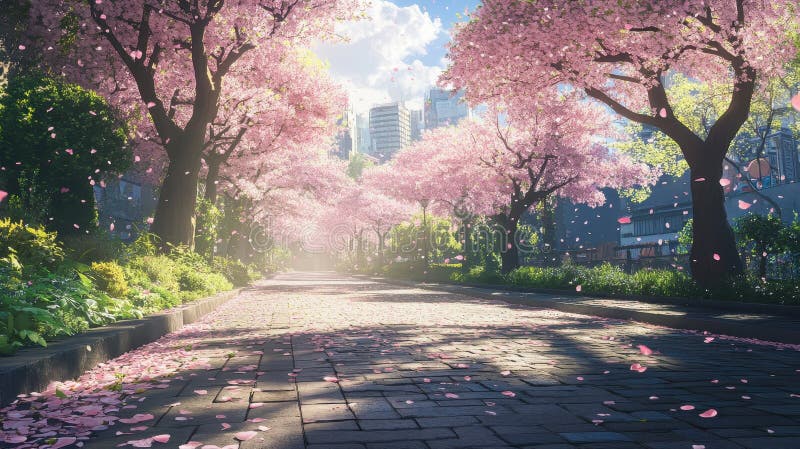 Cherry Blossom Petals Falling on a Stone Path Stock Illustration ...