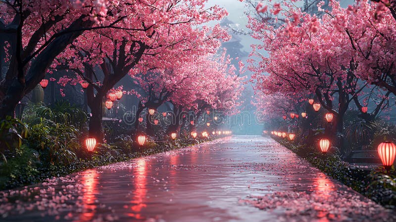 Cherry Blossom Rain Night Path Stock Illustration - Illustration of romance, night: 373881453