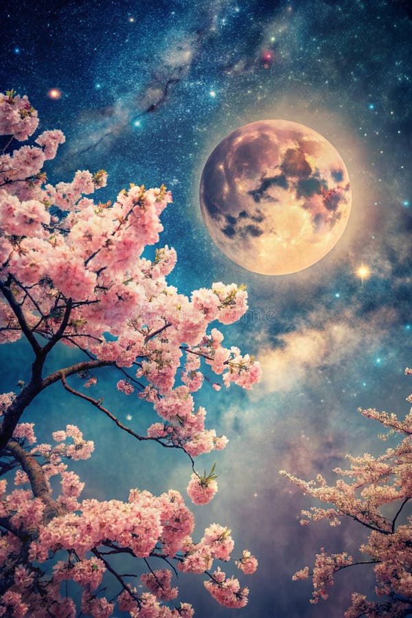 Cherry Blossom Sakura with Milky Way and Full Moon in Retro Style Stock ...