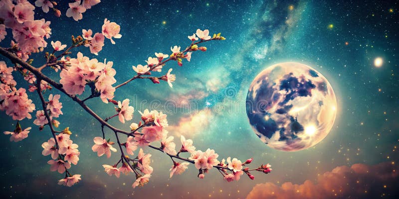Cherry Blossom Sakura with Milky Way and Full Moon in Retro Style Stock ...