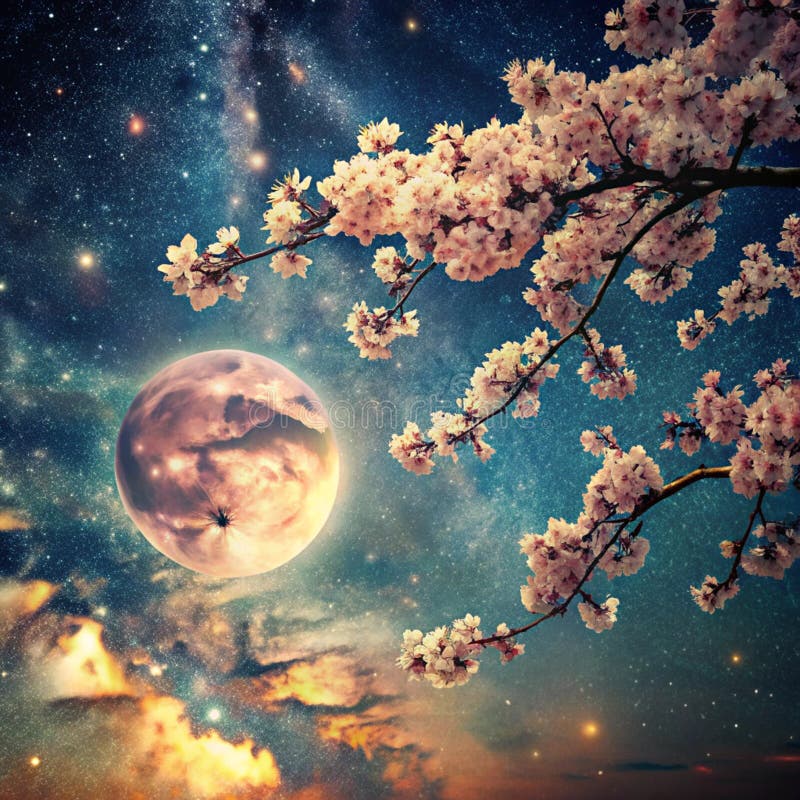 Cherry Blossom Sakura with Milky Way and Full Moon in Retro Style Stock ...