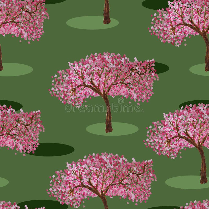 Cherry Blossom Sakura Tree by Acrylic Paints on Green Spotted ...