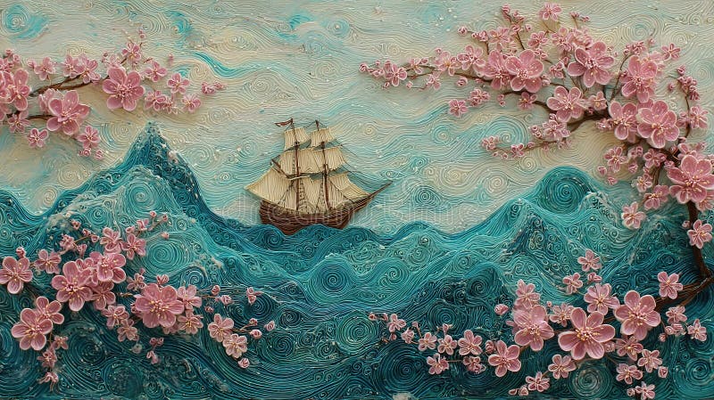 Cherry Blossom Ship Seascape Stock Illustration - Illustration of ...