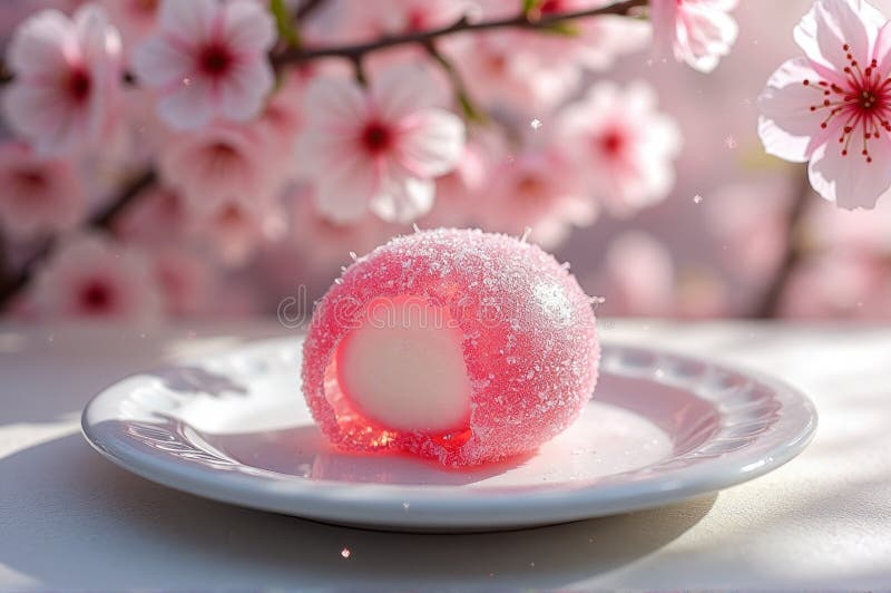 Cherry Blossom Spring Dessert on White Plate with Pink Flowers Stock ...