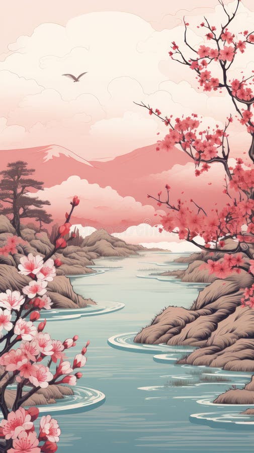 Cherry Blossom Spring Landscape. Illustration in Retro Style Stock ...