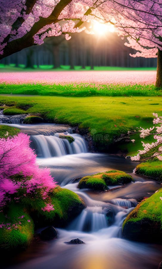 A Sakura Trees and Stream in Hokkaido Japan Stock Illustration ...