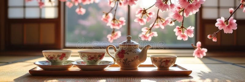 Cherry Blossom Tea Set in Serene Traditional Japanese Room Stock Image ...