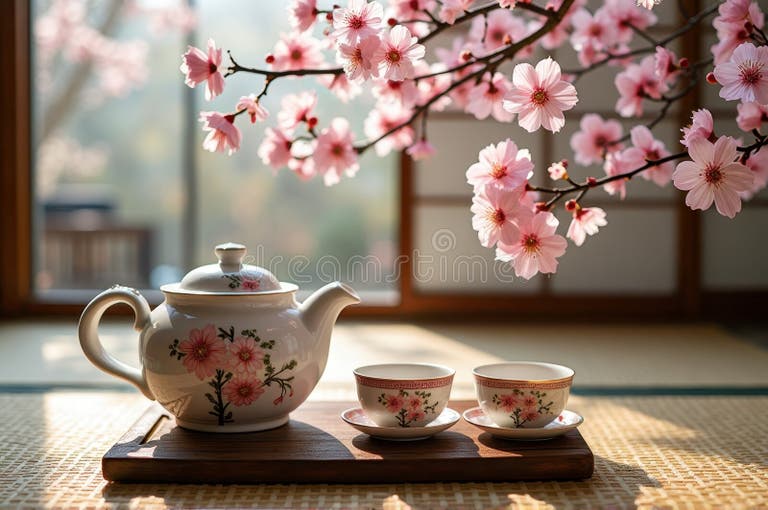 Cherry Blossom Tea Set in Tranquil Room with Sunlit Sakura Branches ...