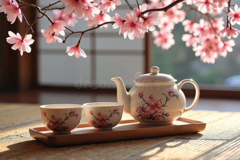 Cherry Blossom Tea Set on Tray Beneath Blooming Sakura Branches in ...