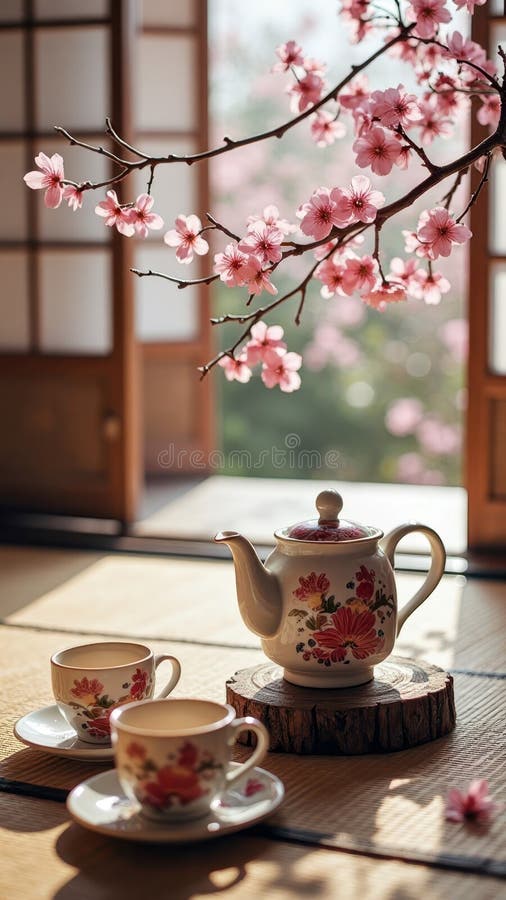 Cherry Blossom Teatime Serene Spring Morning Floral Teapot Cups Stock ...