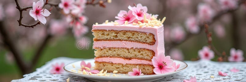 Cherry Blossom-themed Cake Slice with Almonds on Lace Tablecloth in ...