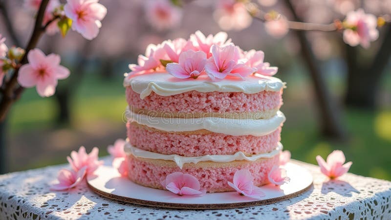 Pink Cherry Blossom Themed Layer Cake Flowers Stock Photos - Free ...