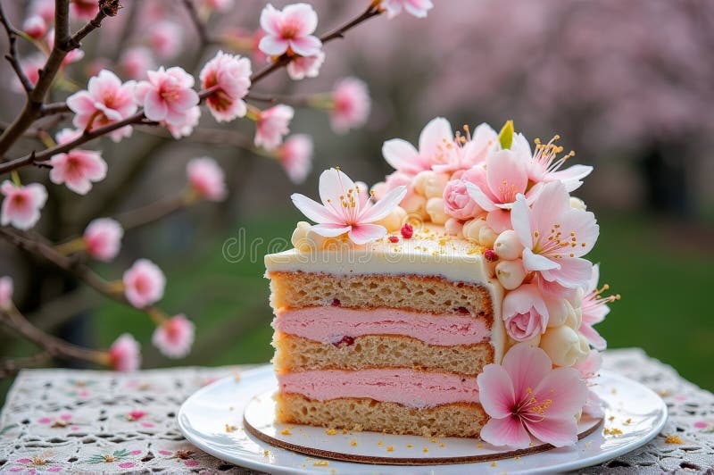 Cherry Blossom-themed Layered Cake with Pink Floral Decorations in ...