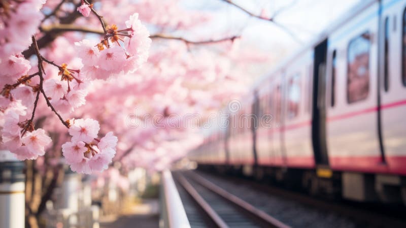 Cherry Blossom and Train in Japan. Selective Focus Stock Photo - Image ...
