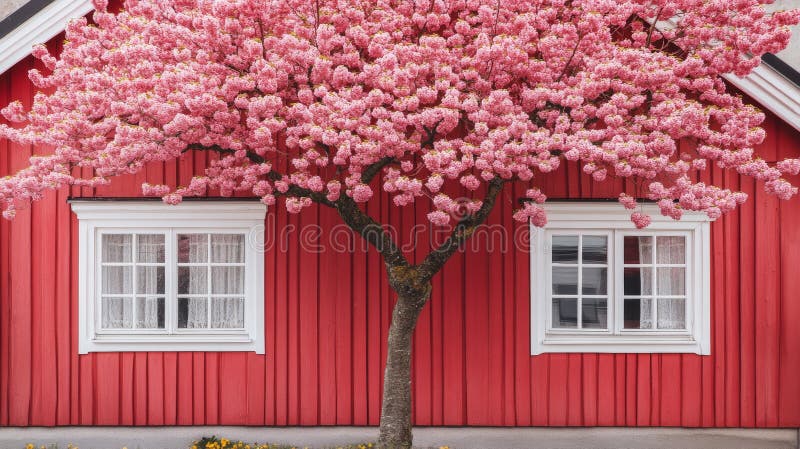 Cherry Blossom Tree in Bloom in Front of a Red House with White Windows ...