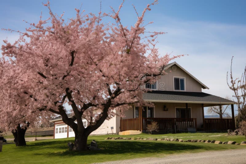 Cherry Blossom Tree Blooming in Front of Ranch House Exterior Stock ...