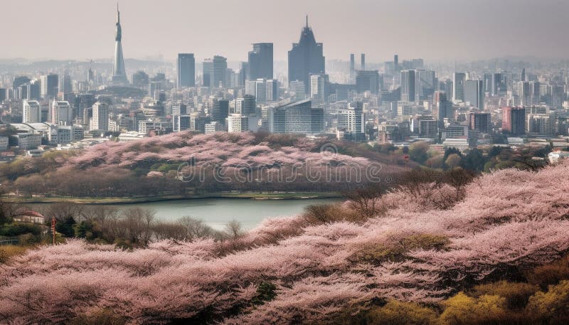 Cherry Blossom Tree Blooms in City Park Generated by AI Stock Image ...