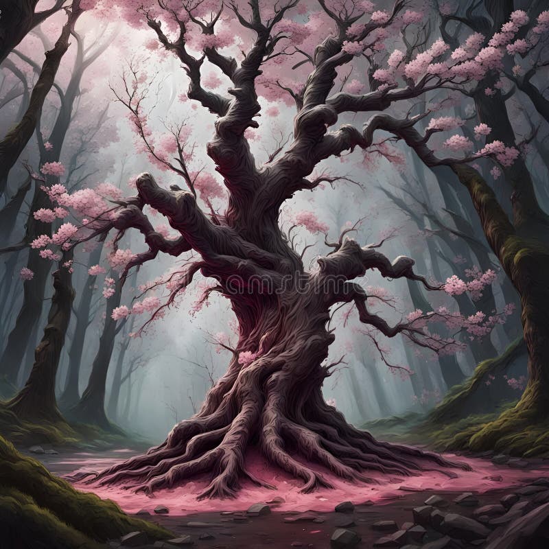 Cherry Blossom Tree in Cursed Dark Forest Stock Illustration ...