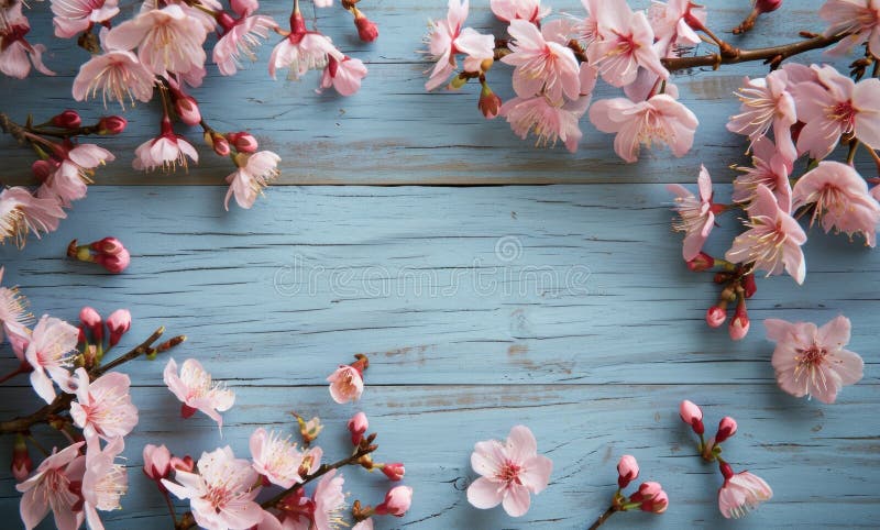 Cherry Blossom Tree Frame Made from Blue Wood Stock Photo - Image of ...