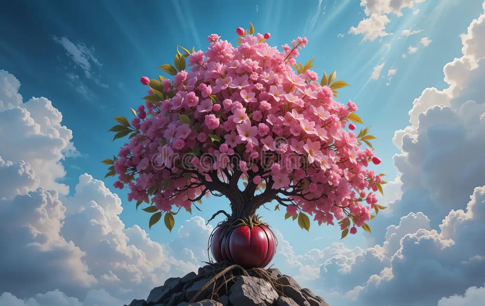 A Cherry Blossom Tree in Front of a Blue Sky with Dramatic Lighting ...