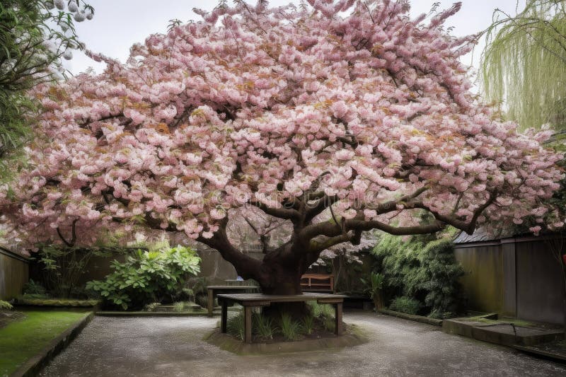 Cherry Blossom Tree in Full Bloom in Serene Garden Setting Stock Photo ...