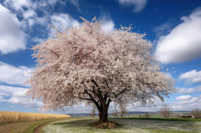 Cherry Blossom Tree in Full Bloom, with View of Blue Sky and Clouds ...