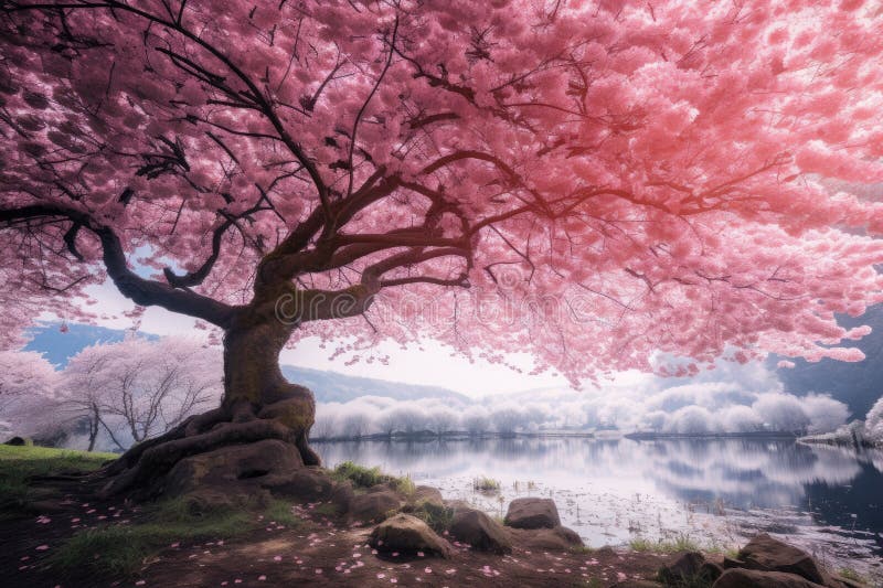 Cherry Blossom Tree and Lake in Spring, Vintage Style. a Cherry Blossom ...