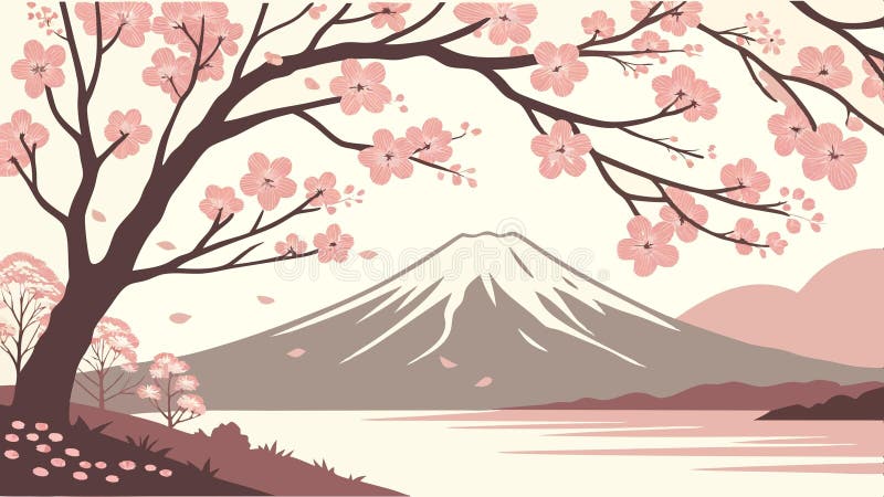 Cherry Blossom Tree, Mount Fuji View, Vector Design Generative AI Stock ...