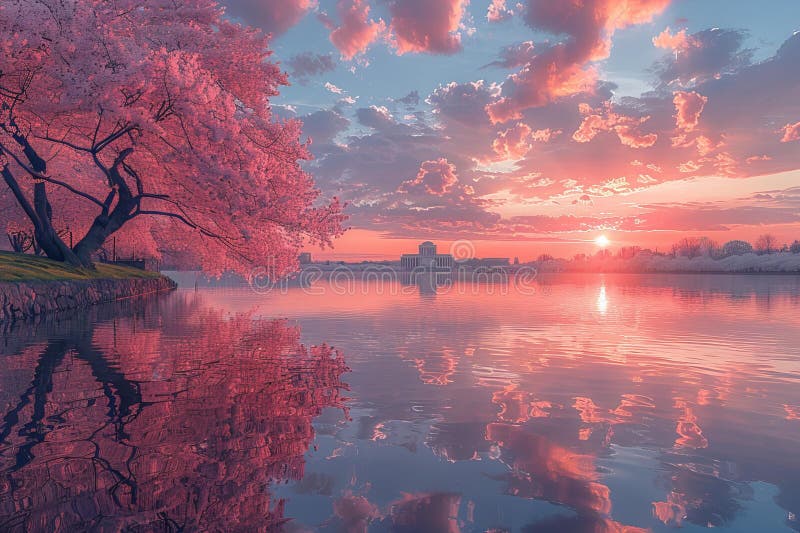 Cherry Blossom Tree Overlooking the Water at Sunrise in Washington ...