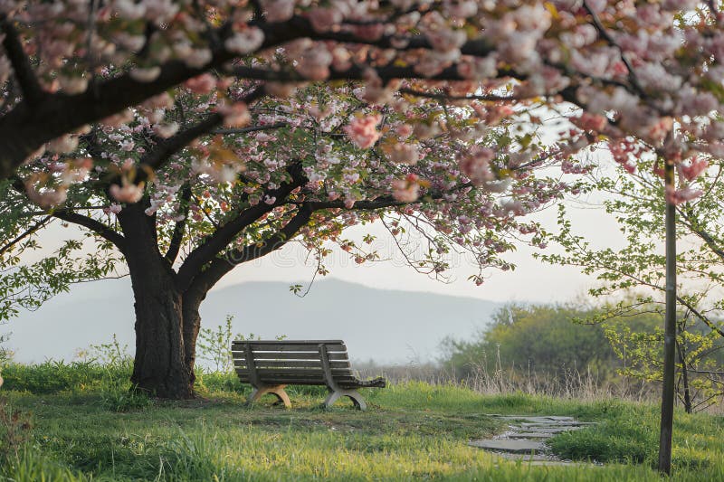 Cherry Blossom Tree with Park Bench and Mountains in the Background ...