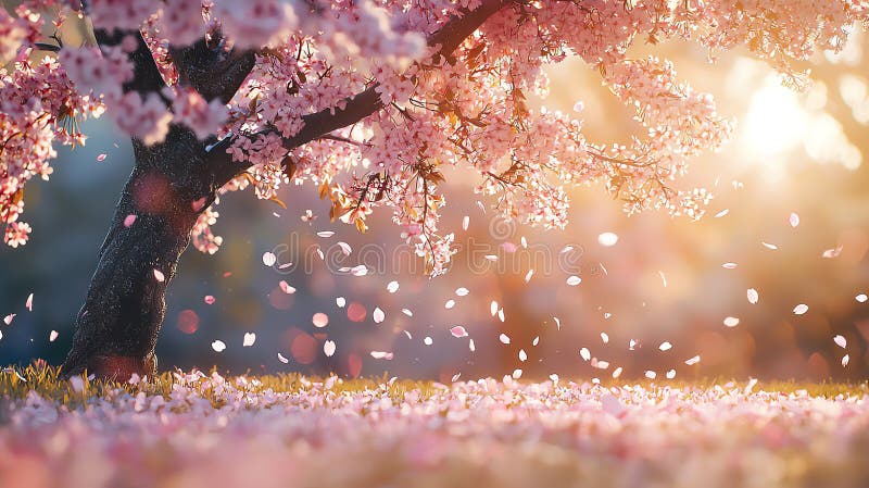 Cherry Blossom Tree with Petals Falling in Sunset Light Stock ...