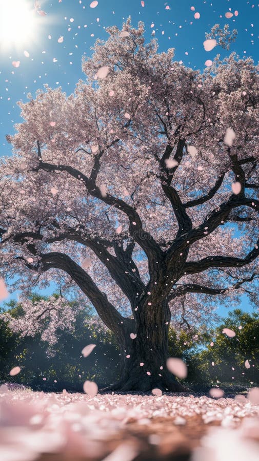 Cherry Blossom Tree with Petals Falling Under Blue Sky, Tranquil Nature ...