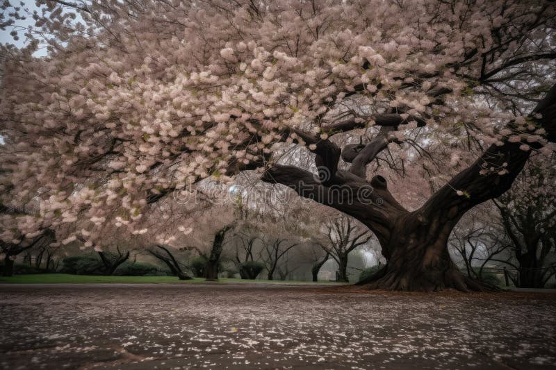 Cherry Blossom Tree, with Petals Fluttering in the Breeze Stock Photo ...
