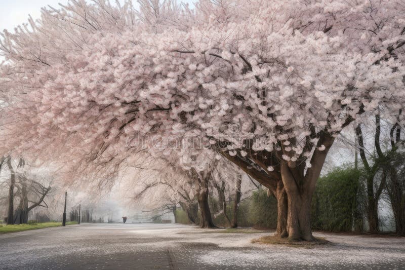 Cherry Blossom Tree, with Petals Fluttering in the Breeze Stock ...