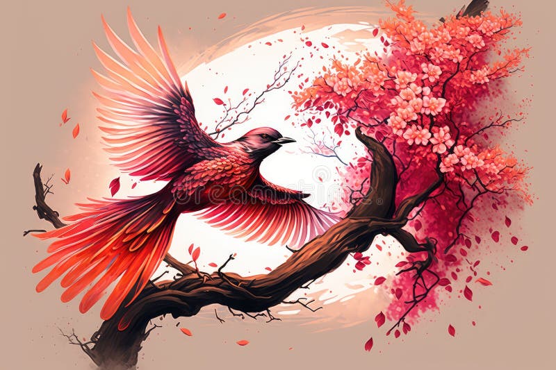 Cherry Blossom Tree with Phoenix Firebird in Flight Stock Image - Image ...