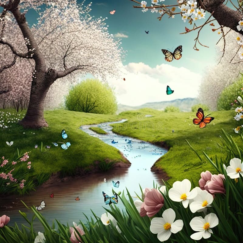 Cherry Blossom Tree with River, Flowers and Butterflies Stock ...