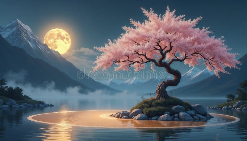 Cherry Blossom Tree Glowing Under Moonlight in Serene Landscape Stock ...