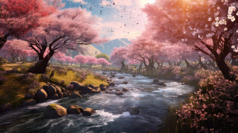 Cherry Blossom Trees Along a River in Springtime. Generative AI Stock ...