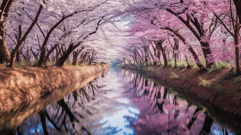 Cherry Blossom Trees Along a River in Springtime. Generative AI Stock ...